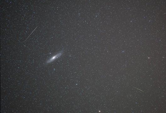 two Perseid meteors & Andromeda Galaxy - Sky & Telescope