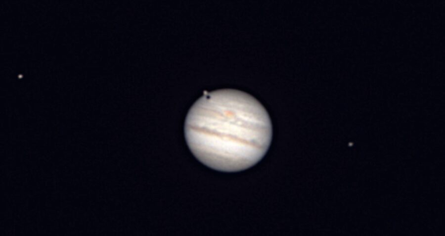 Jupiter with Ganymede and shadow in transit - Sky & Telescope
