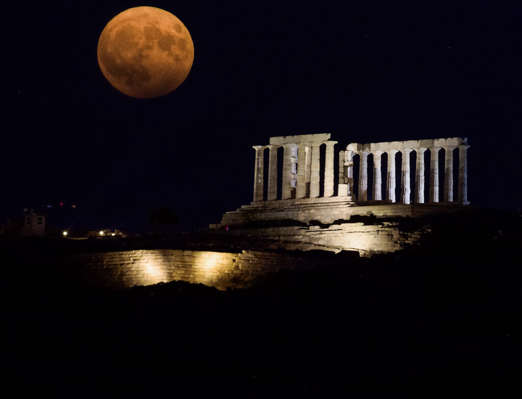 August Super Full Moon event over Temple of Poseidon, Greece - Sky ...